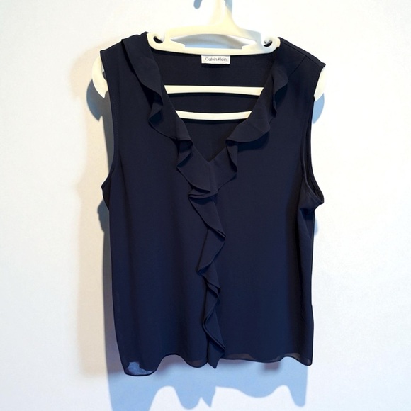 Calvin Klein | Tops | Calvin Klein Dark Blue Ruffle Blouse | Poshmark